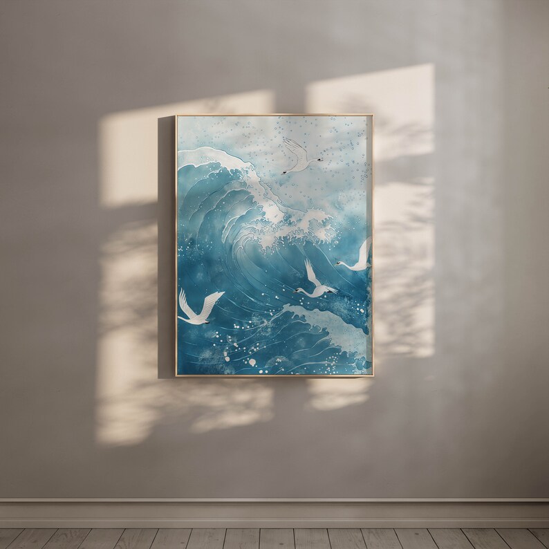 Japanese Ocean Wave and Seagull Wall Art – Coastal Watercolor Printable ...