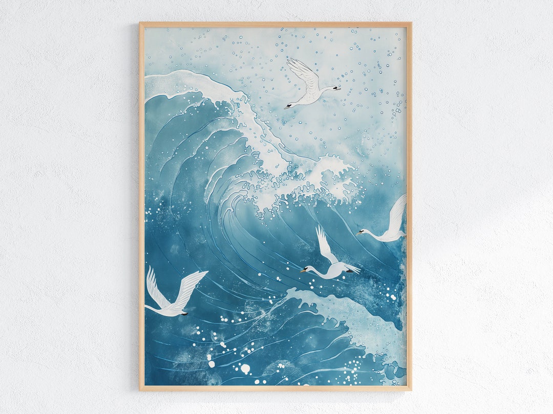 Japanese Ocean Wave and Seagull Wall Art – Coastal Watercolor Printable ...