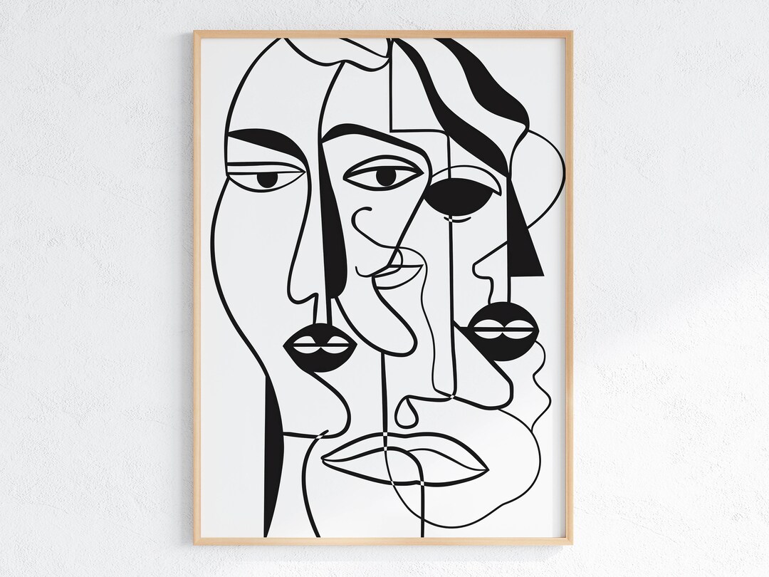 Picasso-inspired Line Art Faces - Minimalist Black White Cubist Wall ...