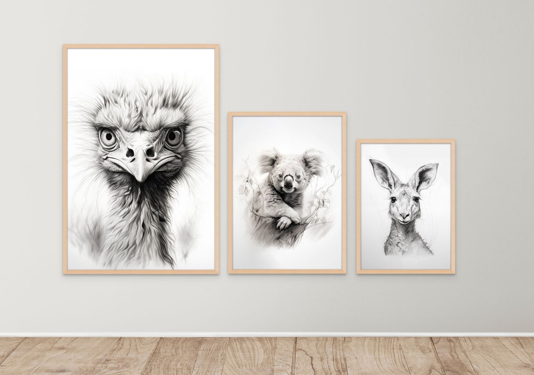 Set of 3 Iconic Australian Animals Wall Art Animal War Art Sketch Print ...