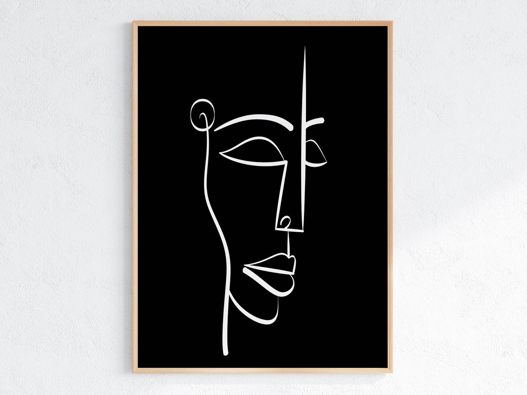 Minimalist Face Line Art Print: Abstract Black and White Portrait ...