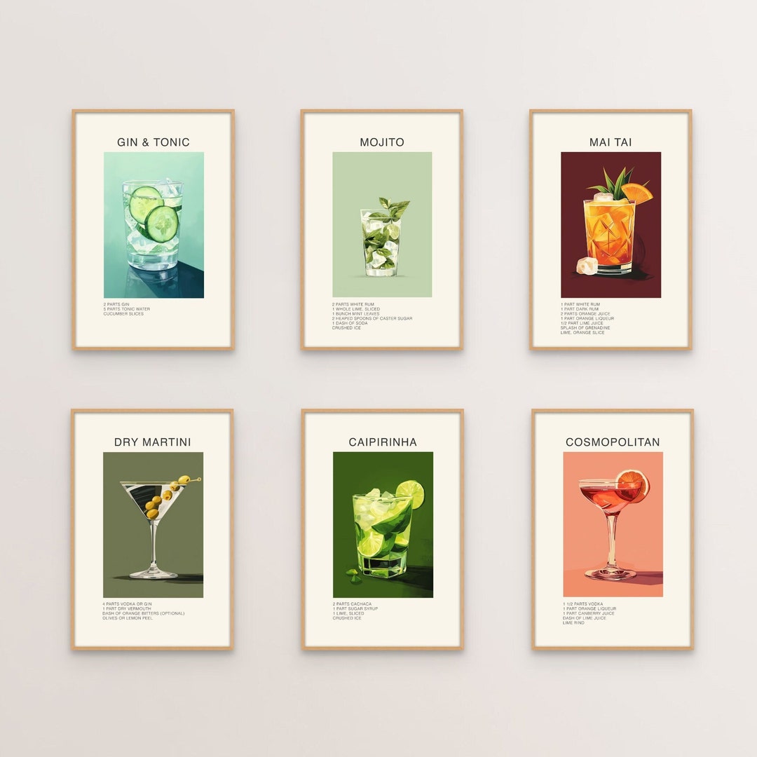 Classic Cocktail Recipe Prints Set of 6, Mid-century Modern Bar Wall ...