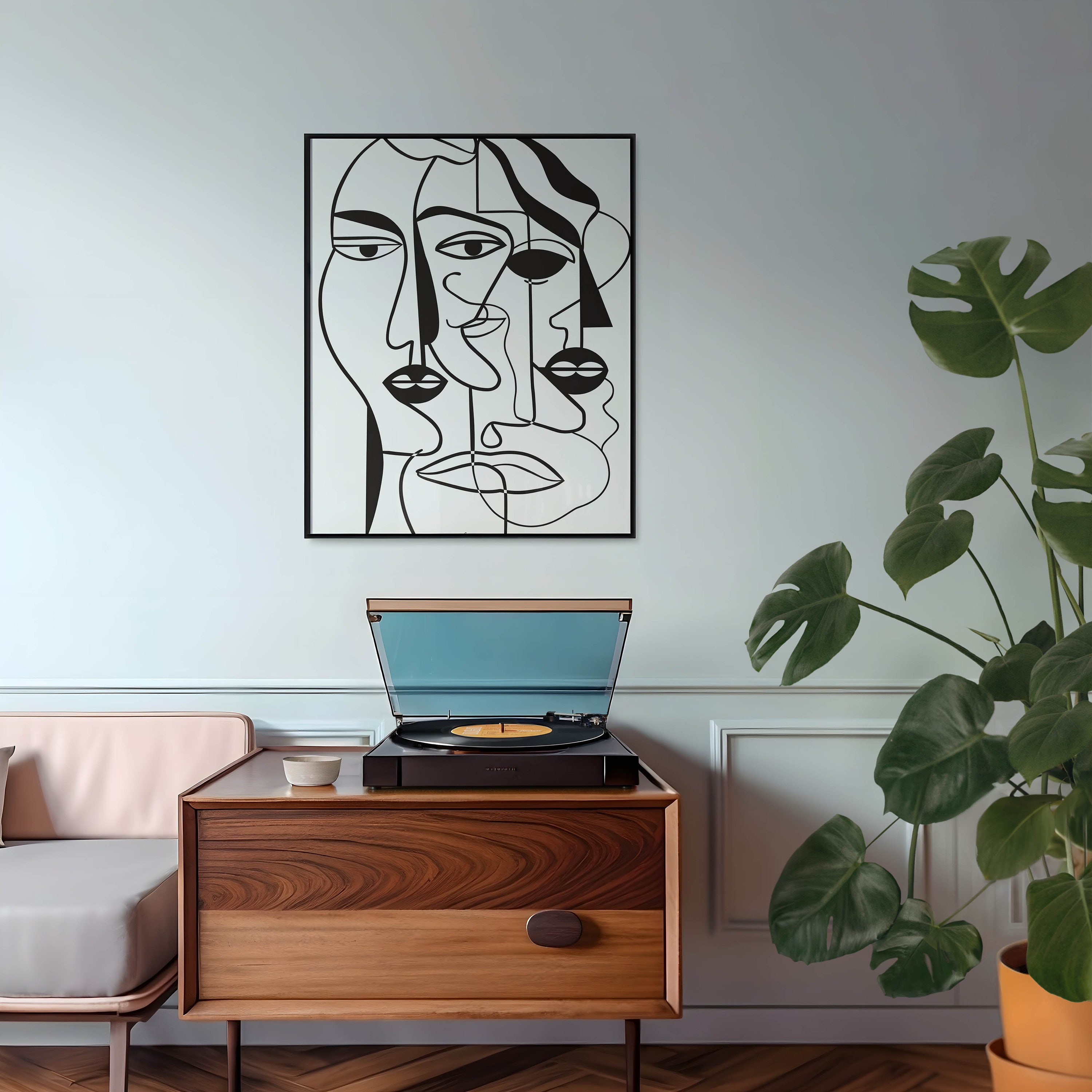 Picasso-inspired Line Art Faces Minimalist Black White Cubist Wall Art ...