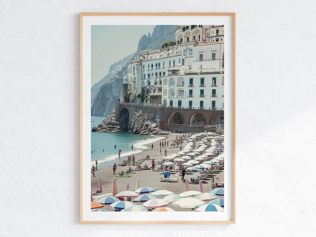 Amalfi Coast Italy Photography Print - Vibrant Beach and Umbrella Scene ...