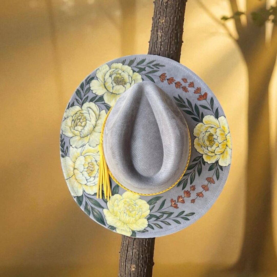 Hand Painted Wide Brim Western Fedora With Laser Engraved Peony Floral ...