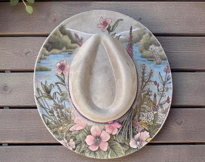 Hand Painted Wide Brim Western Fedora With Laser Engraved Wildflower ...