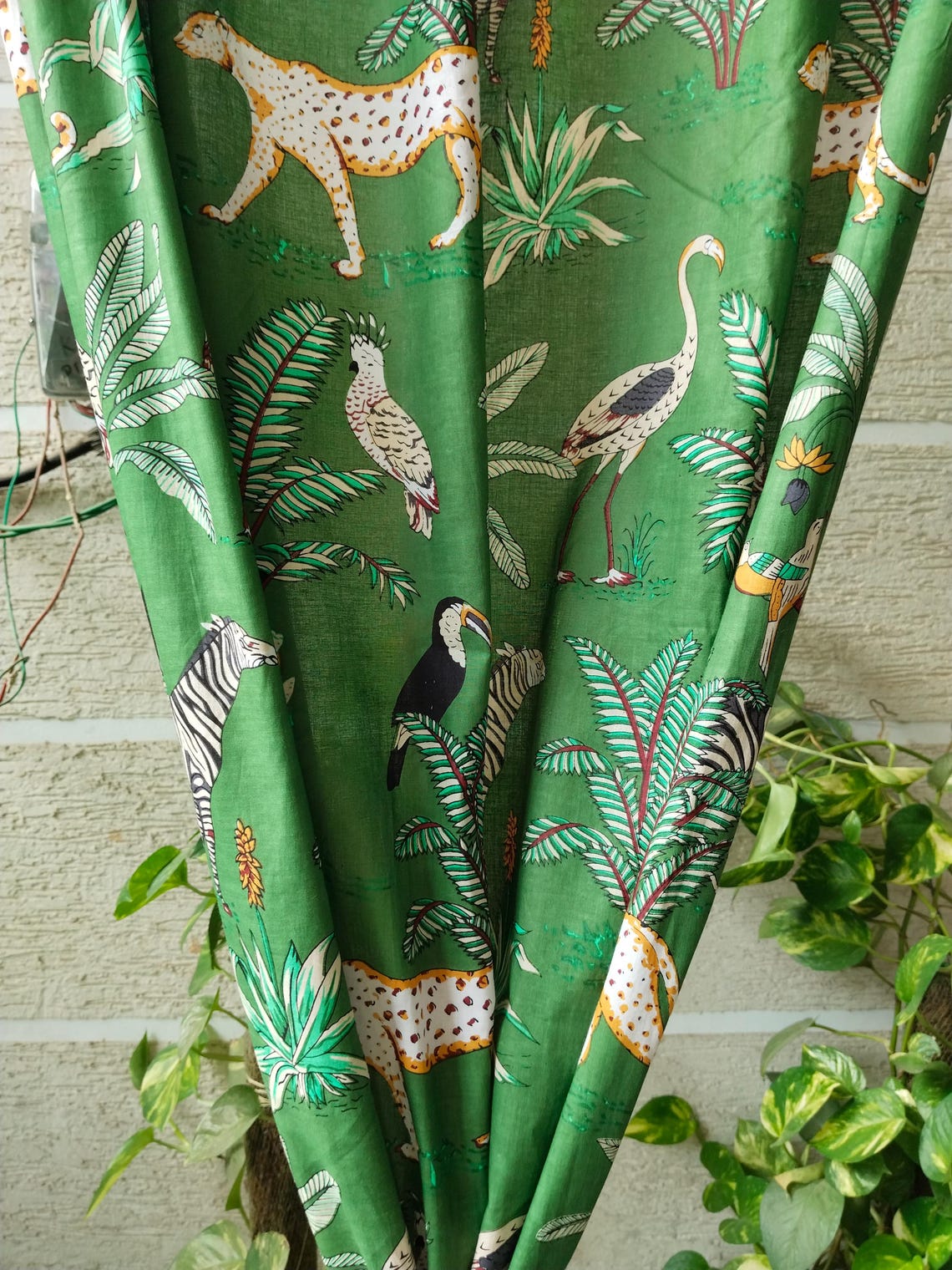 Green Jungle Safari Curtain, Cheetah Zebra Animal Print Drapes, Boho ...