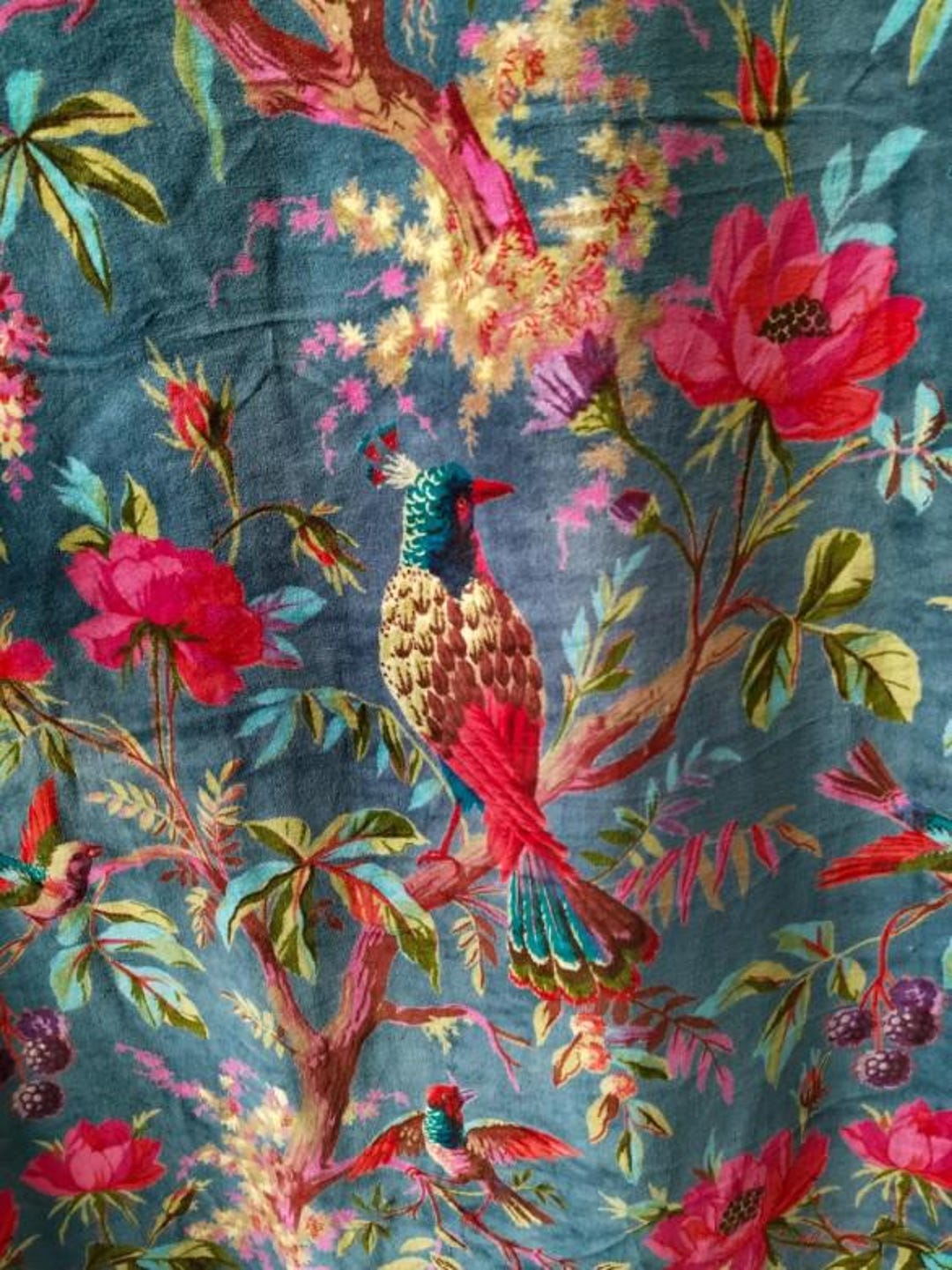 Velvet Curtains Indian Velvet Birds of Paradise & Flowers Print ...