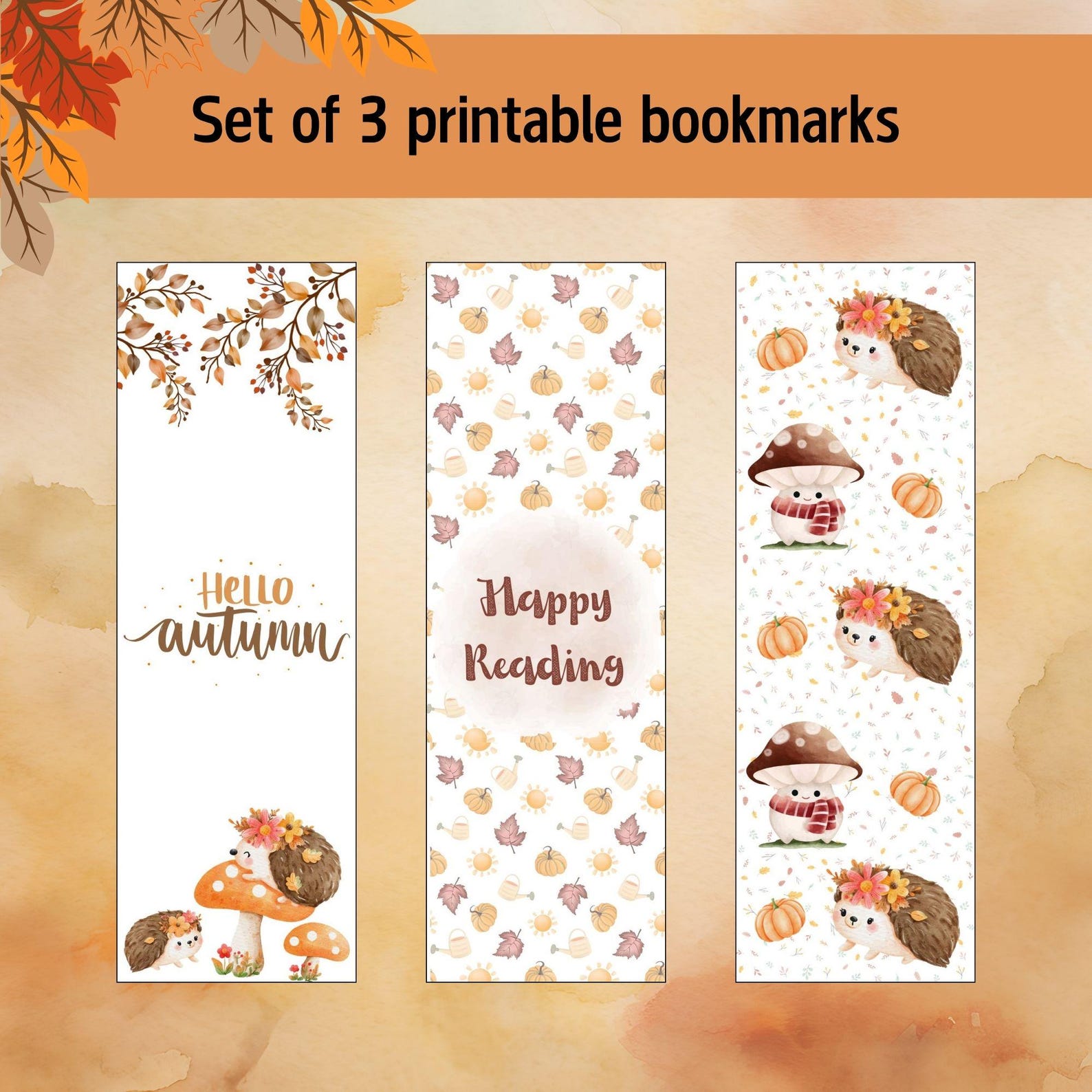 Printable Fall Bookmark, Set of 3 Autumn Bookmarks, Cute Hedgehog Book ...
