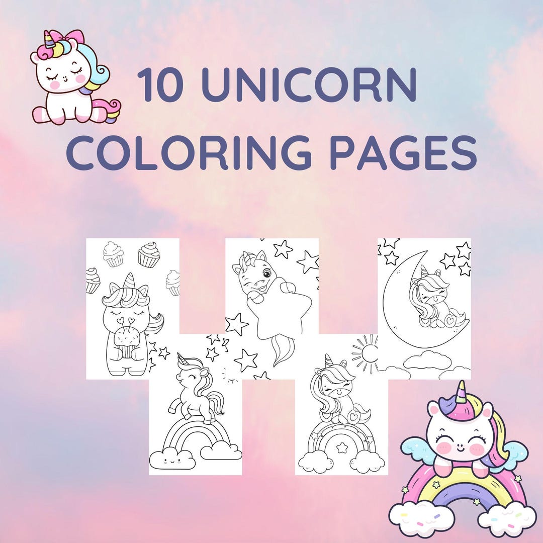 10 Unicorns Coloring Pages, Preschool Coloring Book A4, Kindergarten ...