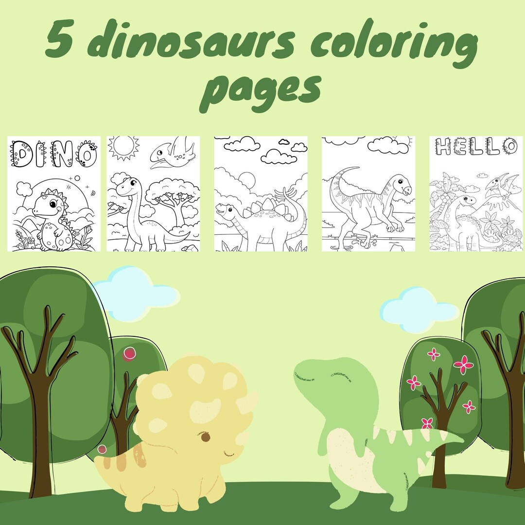 5 Dinosaurs Coloring Pages, Preschool Coloring Book A4, Kindergarten ...