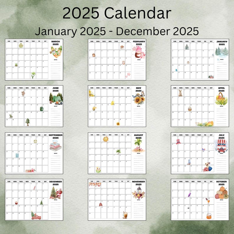 2025 Monthly Calendar With Notes, Printable Calendar 2025 , Monthly ...