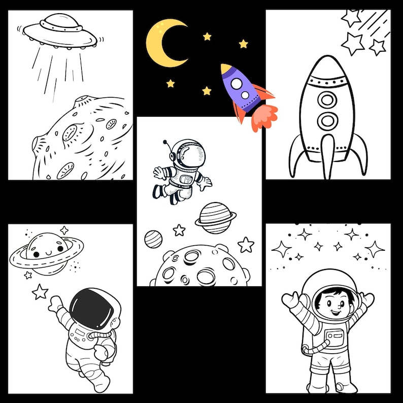 5 Space Coloring Pages, Preschool Outer Space Coloring Book A4 ...