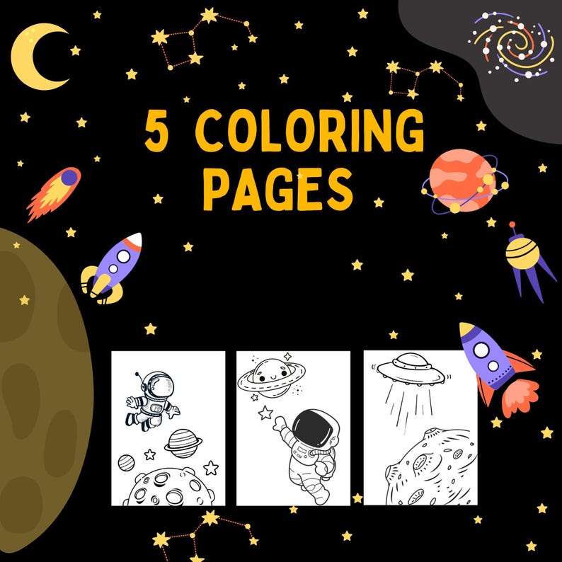 5 Space Coloring Pages, Preschool Outer Space Coloring Book A4 ...