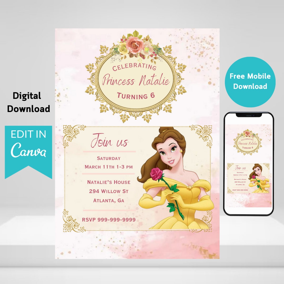 Princess Belle Birthday Invitation, Belle Princess Birthday, Princess ...