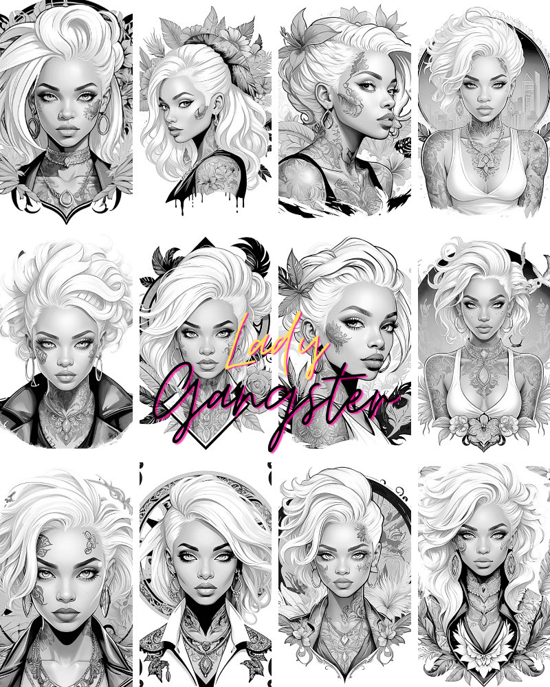 Black Lady Gangster Grayscale Coloring Pages for Adults, High Quality ...