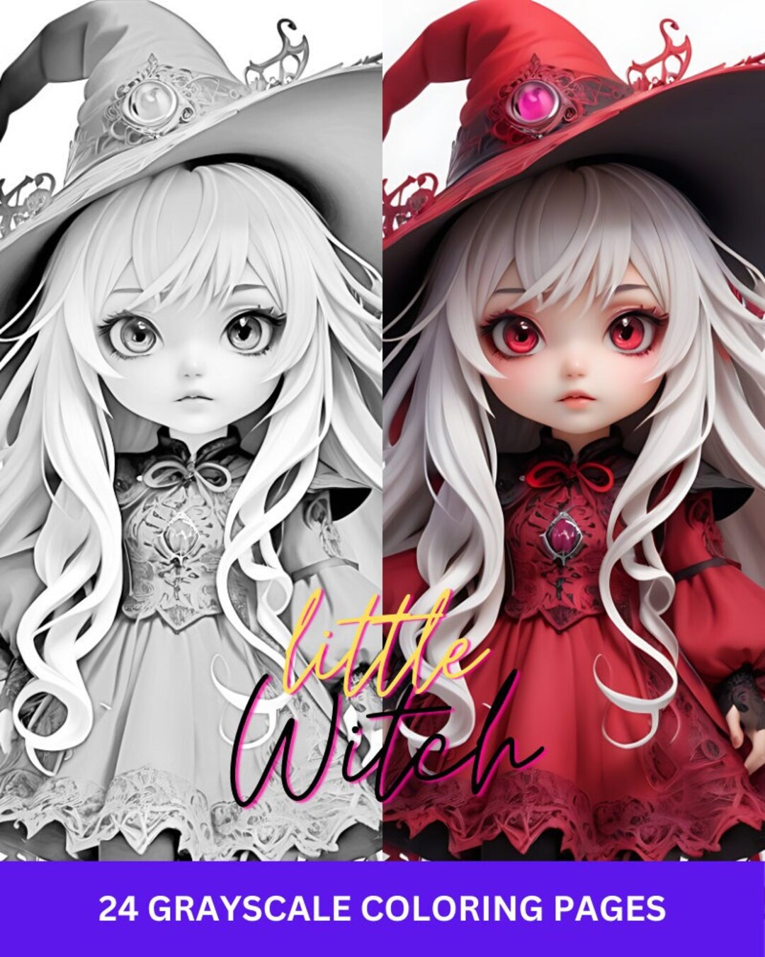 Little Witch Grayscale Coloring Pages for Adults, High Quality Little ...
