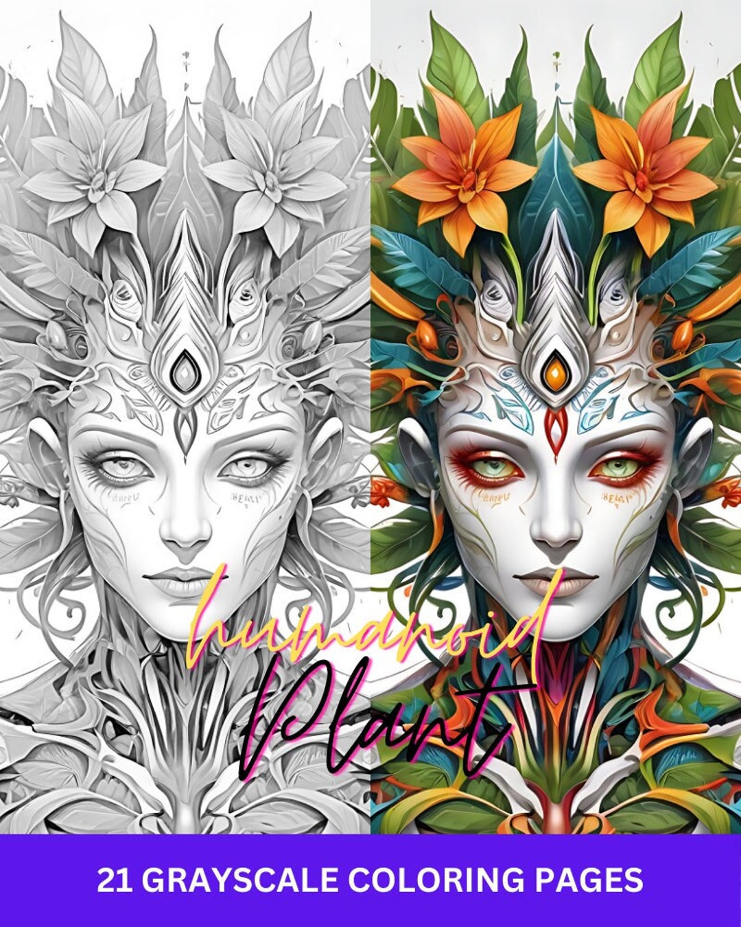 Humanoid Plant Grayscale Coloring Pages for Adults, High Quality ...