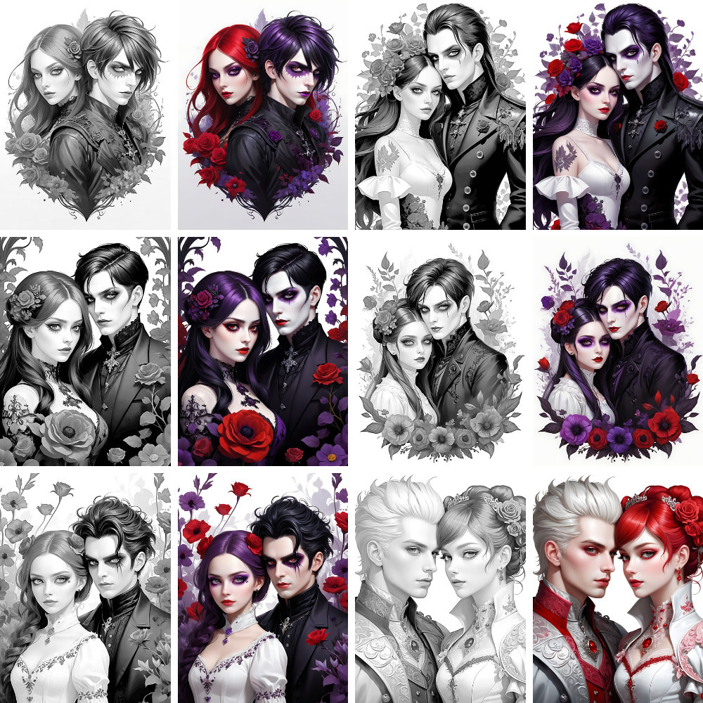 Gothic Couple Grayscale Coloring Pages for Adults, High Quality Gothic ...