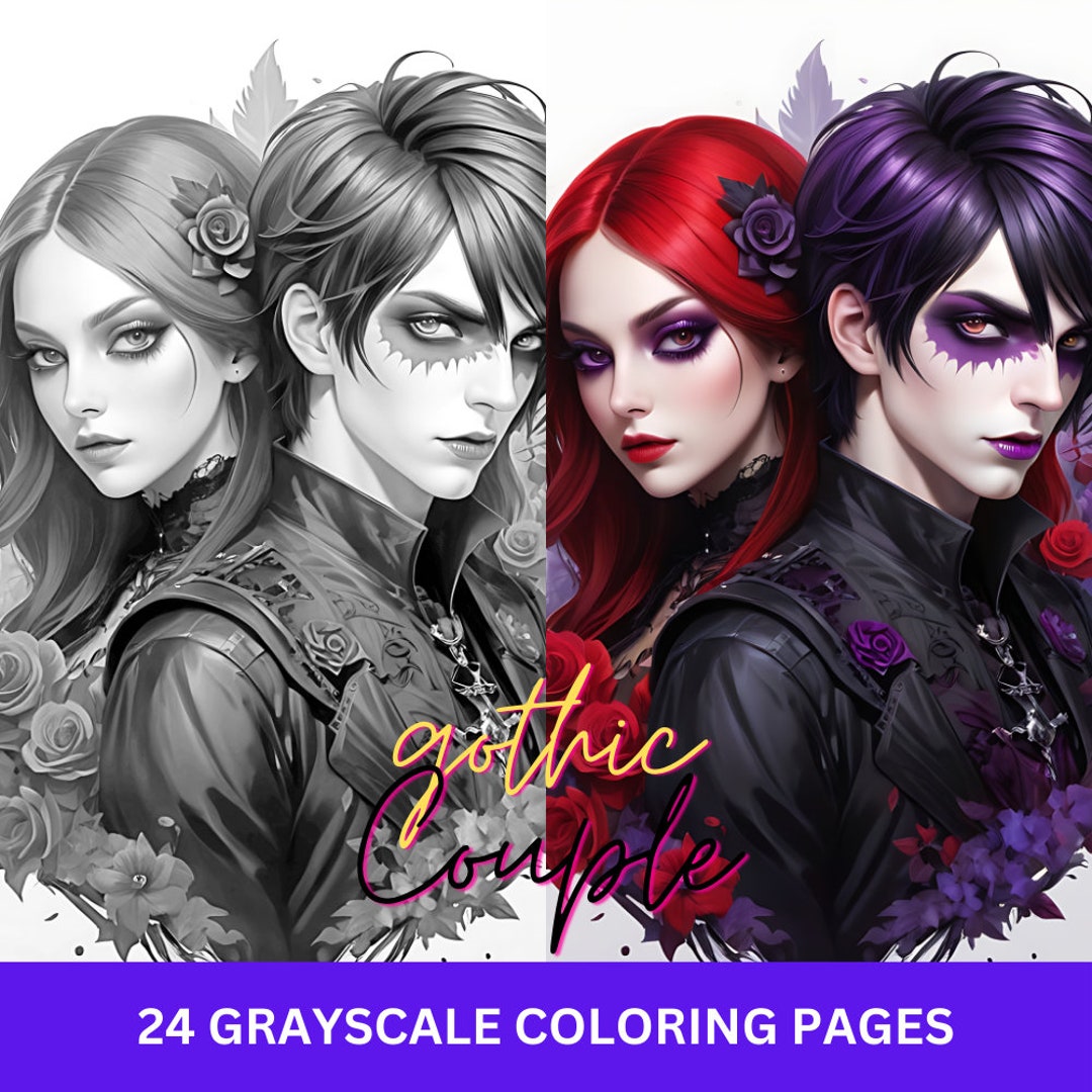 Gothic Couple Grayscale Coloring Pages for Adults, High Quality Gothic ...