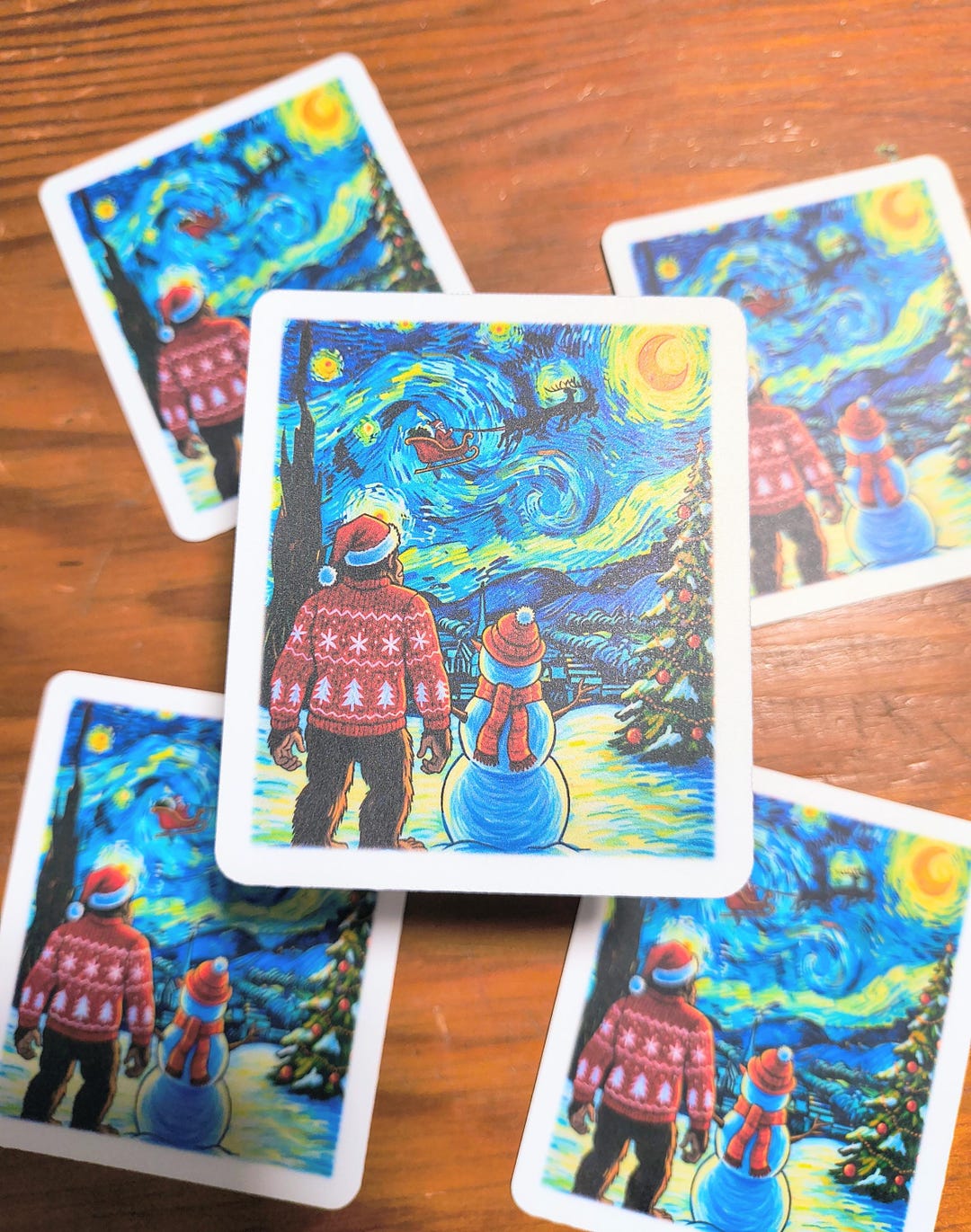 Winter Starry Night With Bigfoot, Santa and Snowman Sticker, Funny ...