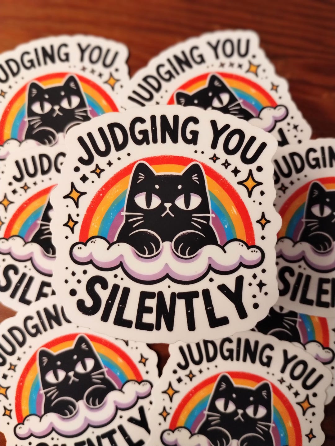 Rainbow Cat Judging You Silently Sticker, Funny Kitty, Glossy ...