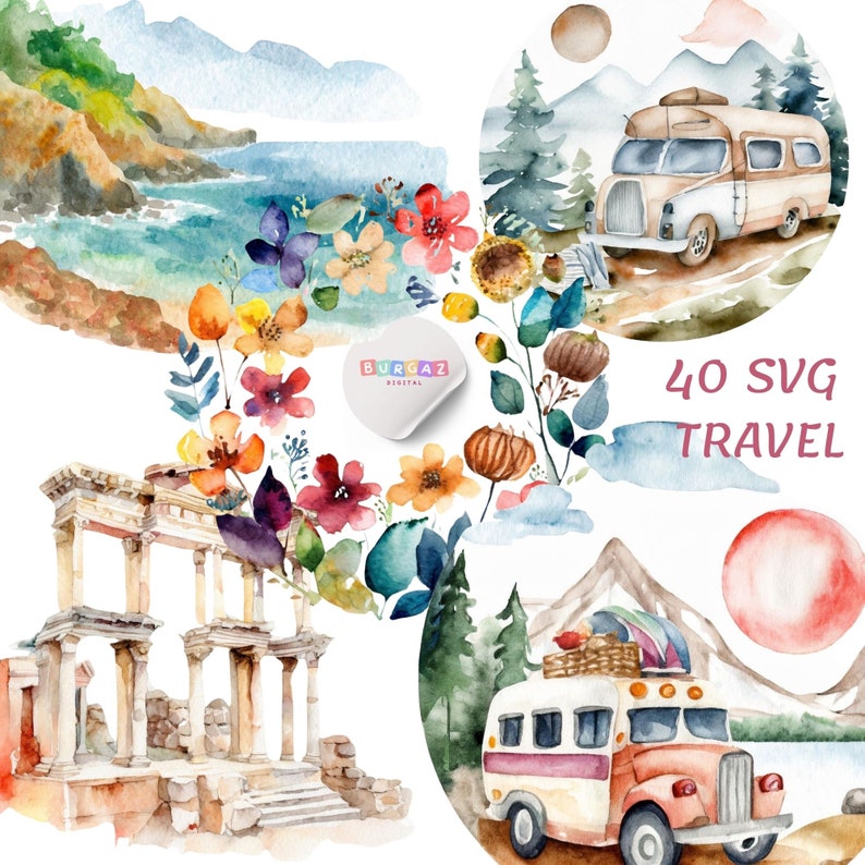 40 Watercolor Travel Clipart, Vacation Holiday Graphics, Plane ...
