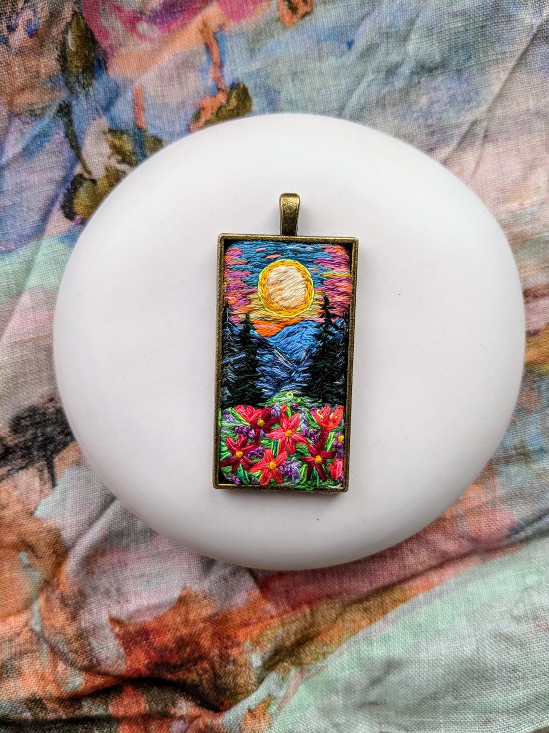 Embroidered Sunset Landscape Pendant Mountains, Pine Trees and Floral ...