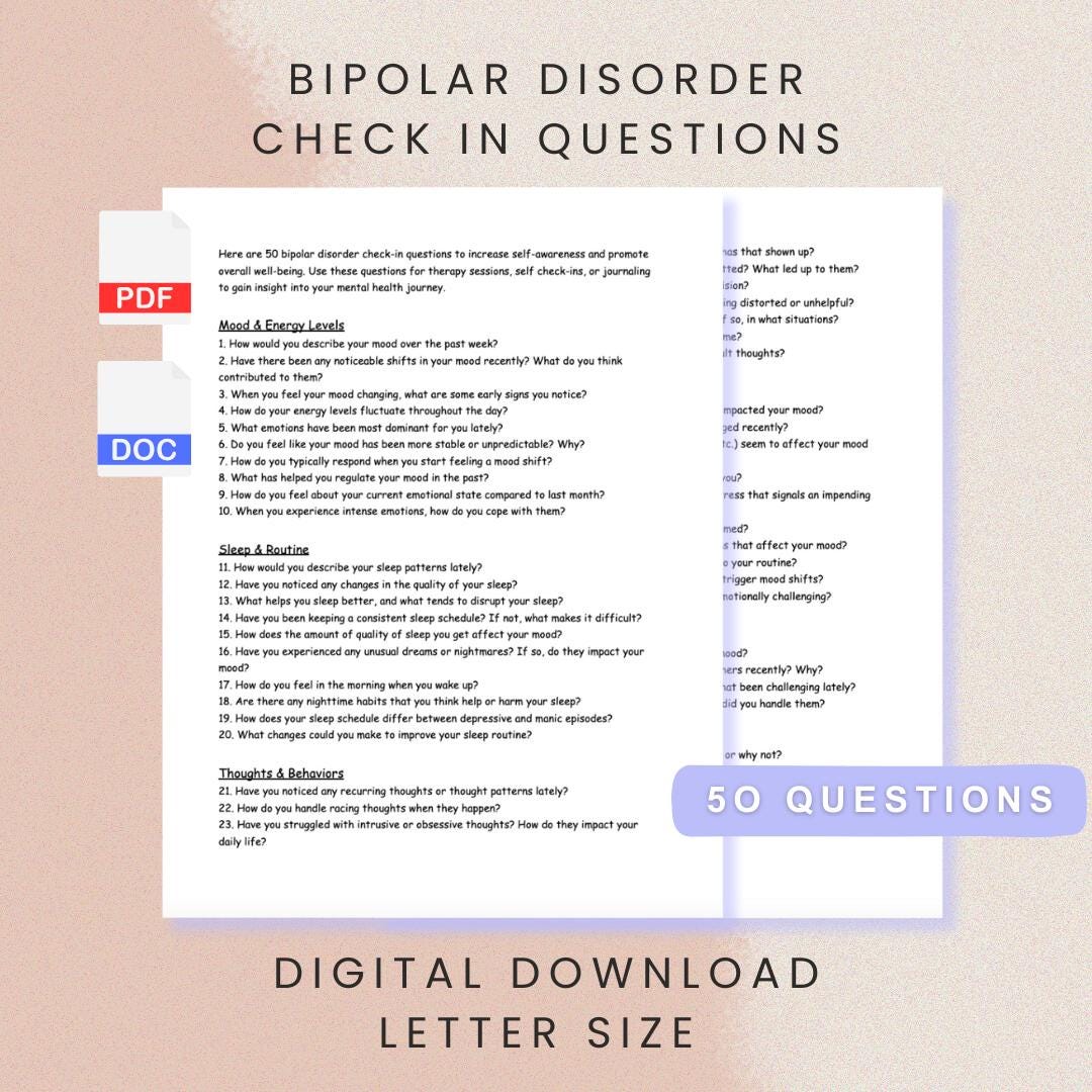 Bipolar Disorder Therapy Questions Therapy Prompts Printable PDF Word ...