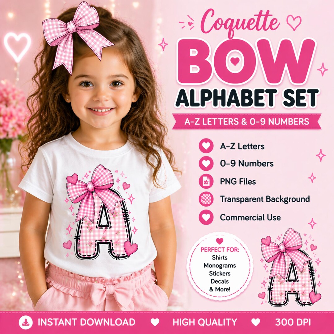 Coquette Bow Alphabet PNG Bundle, Pink Gingham Letter Set A-Z 0-9 ...