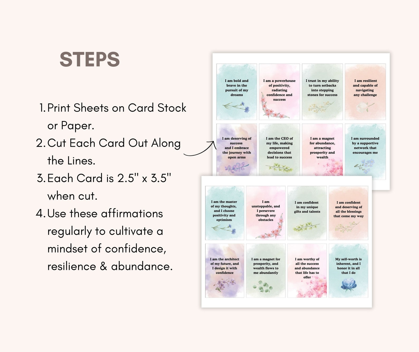 Confidence Success Watercolor Affirmation Cards, Positive Powerful ...