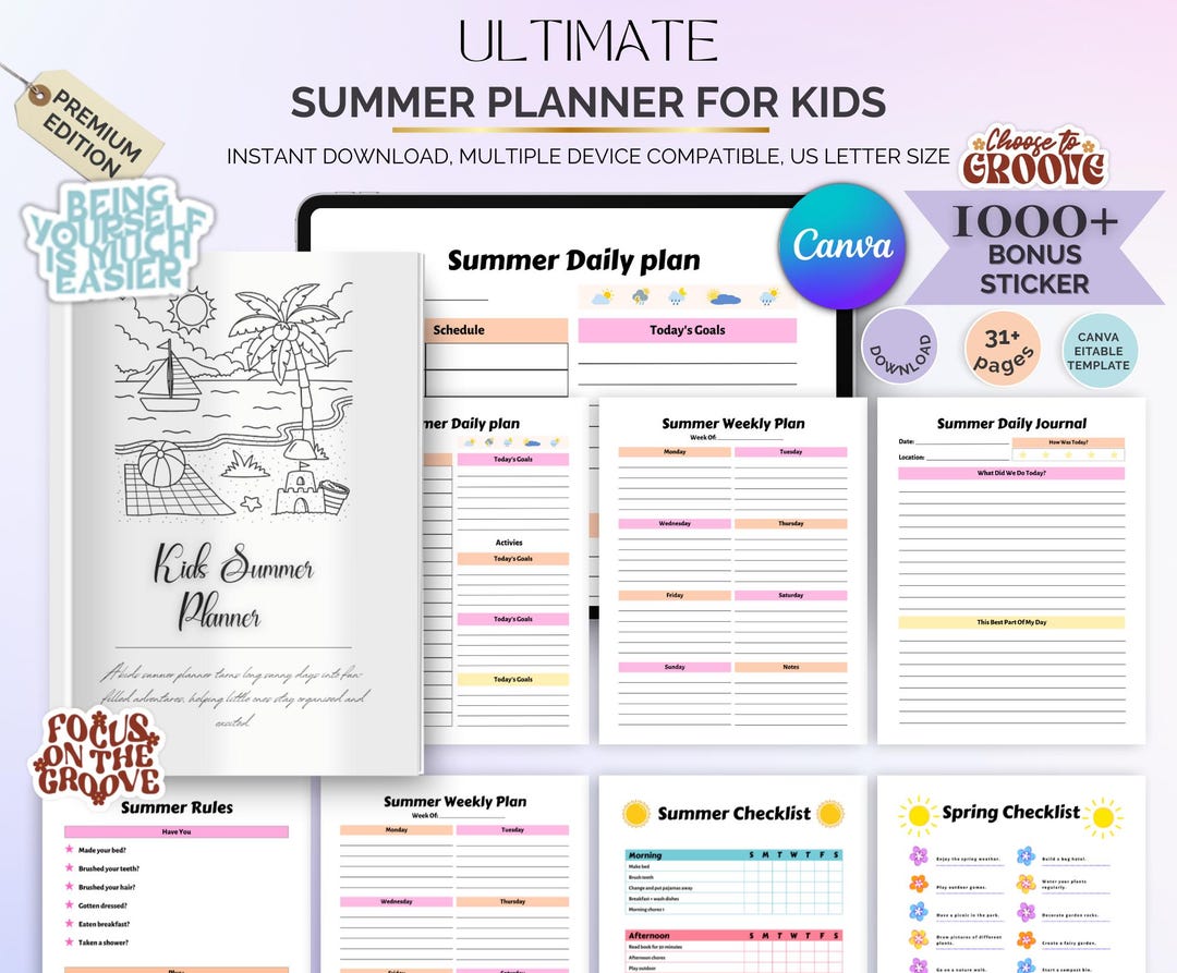Kids Summer Activity Planner: Canva Editable, 1000+ Stickers (US Letter ...