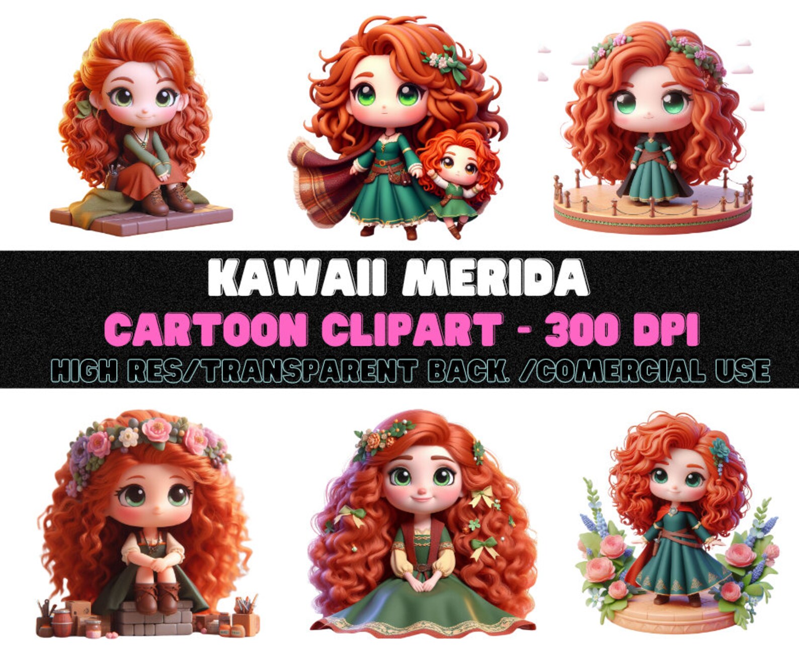 Merida Cute Clipart, Chibi Princess, Kawaii Fantasy, Birthday Party ...