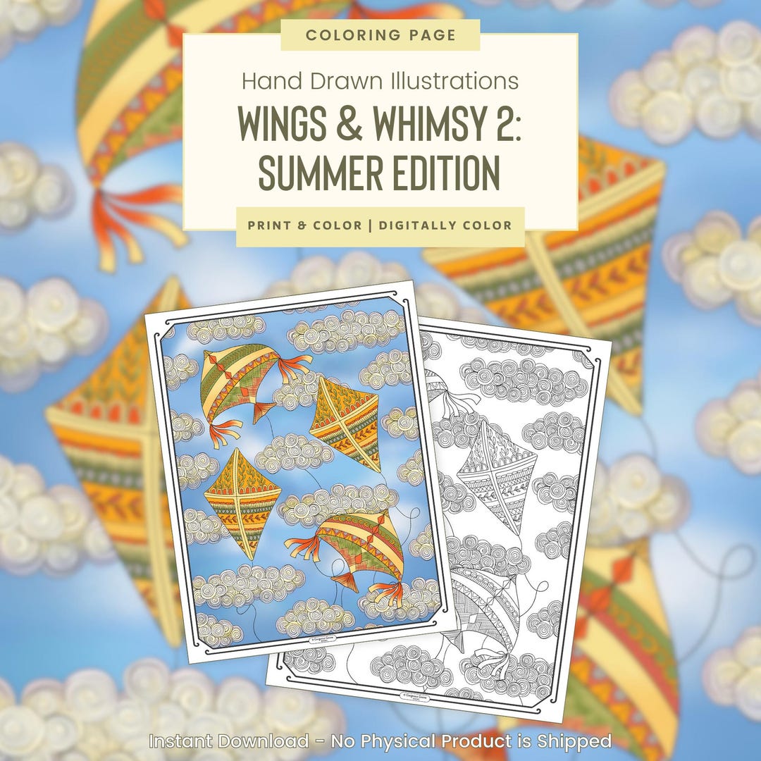 Kites, Kite Flying, Hand Drawn Printable Coloring Pages for Adults ...
