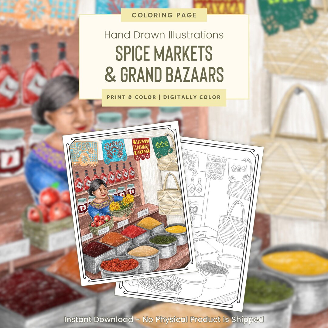 Oaxaca Mexico Market, Spices, Hand Drawn Printable Coloring Pages, Cute ...