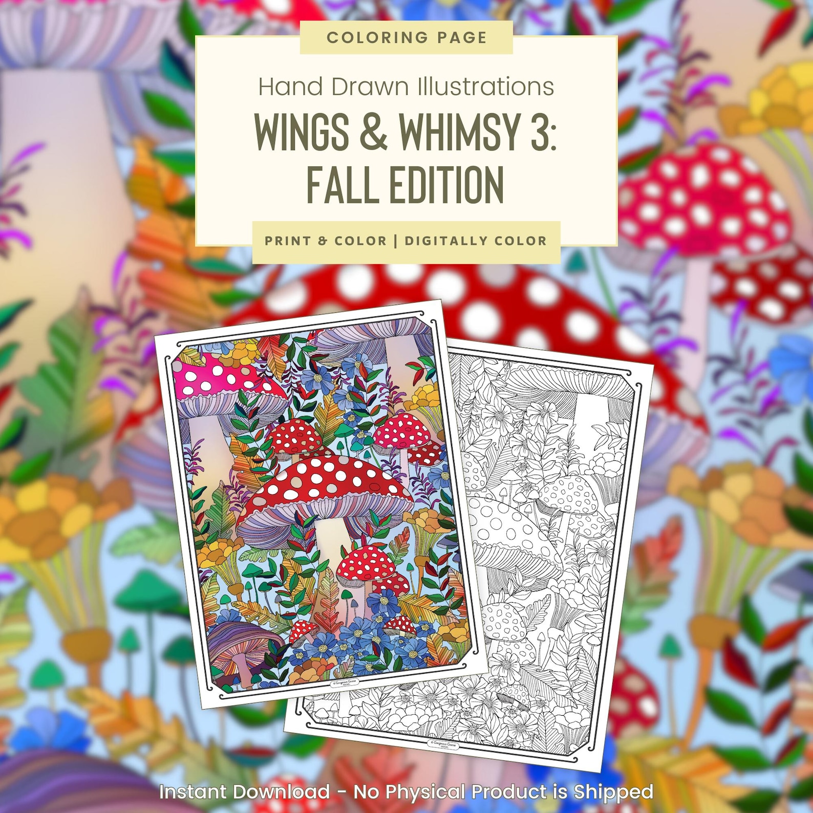 Toadstool Mushrooms, Hand Drawn Printable Coloring Pages, Fall Coloring ...