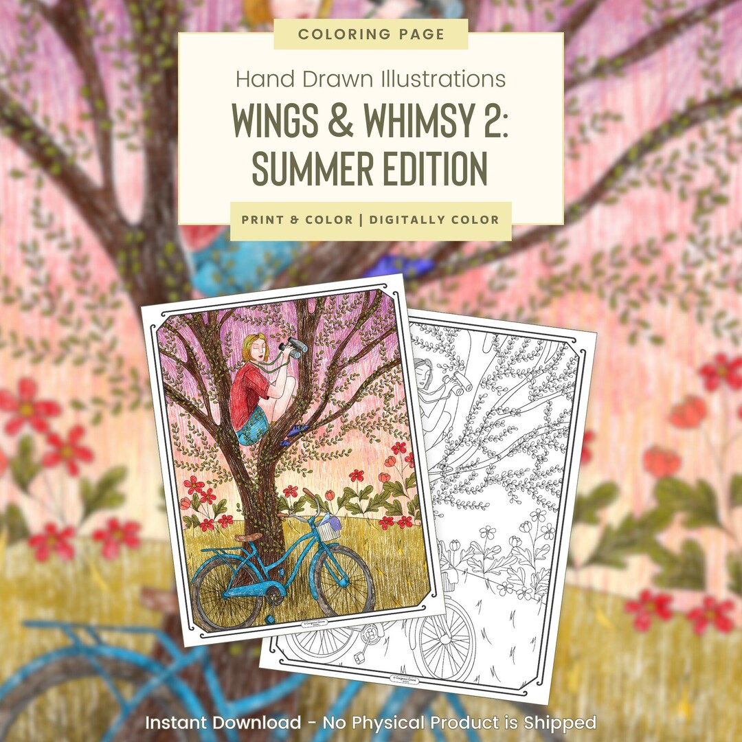 Birding and Bicycle, Hand Drawn Printable Coloring Pages for Adults ...