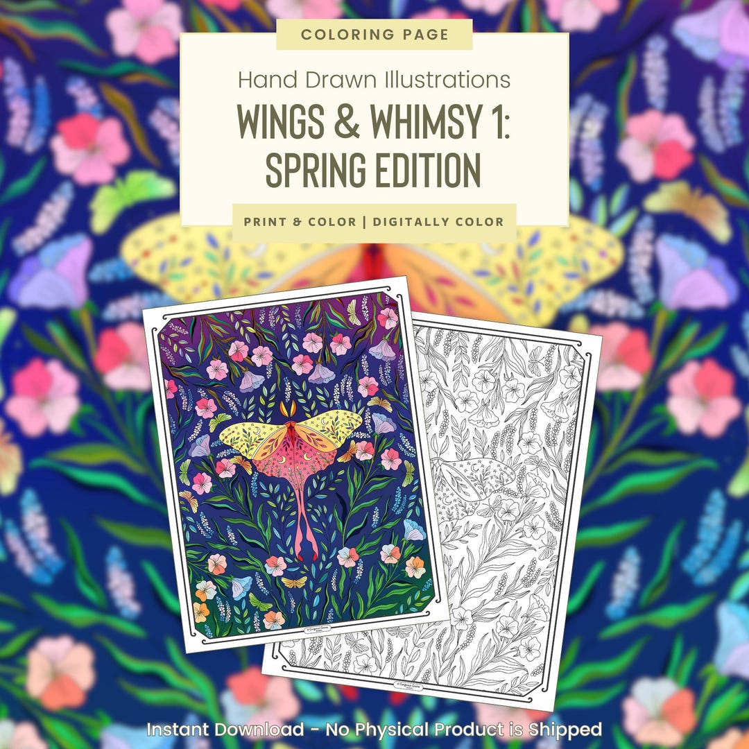 Luna Moth and Flowers, Hand Drawn Printable Coloring Pages for Adults ...