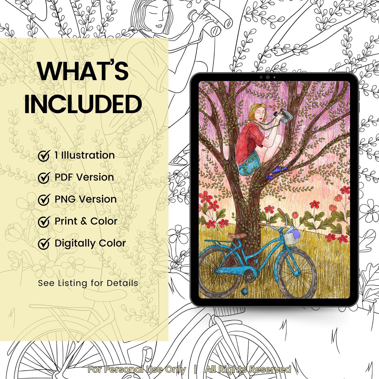 Birding and Bicycle, Hand Drawn Printable Coloring Pages for Adults ...