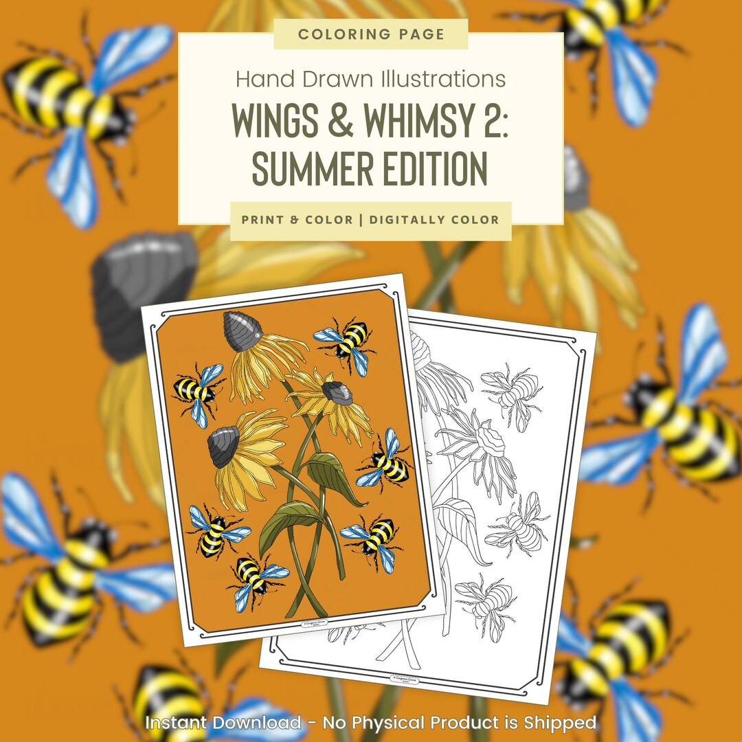 Coneflower and Honey Bees, Hand Drawn Printable Coloring Pages, Bees ...