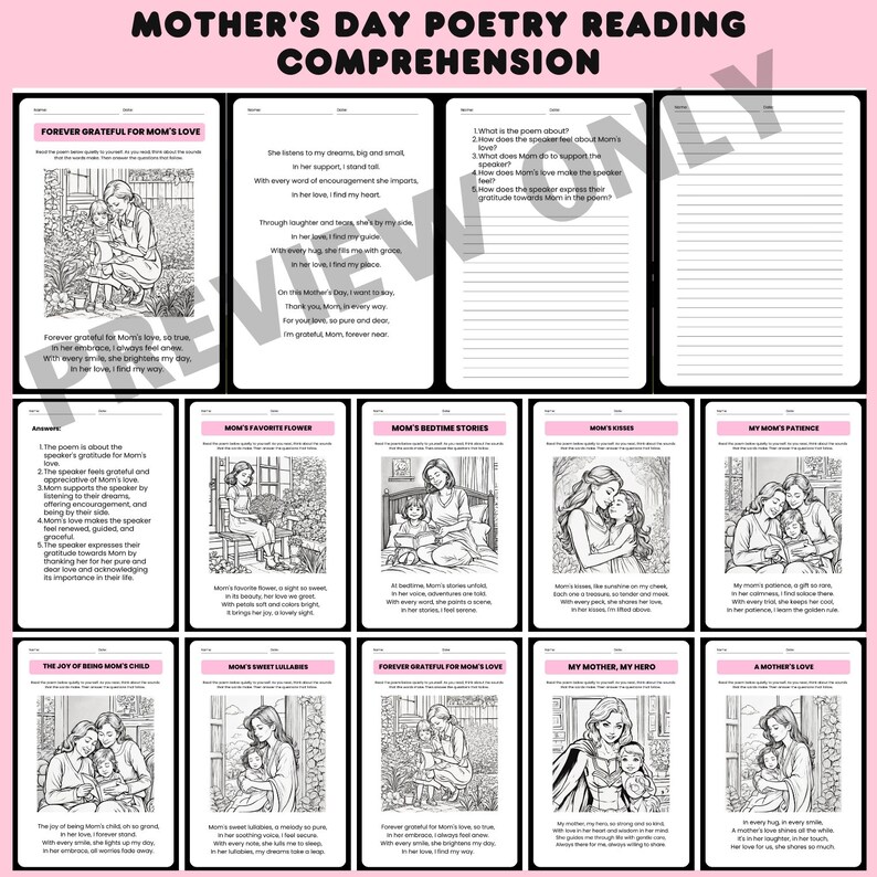 Mother's Day Printable, Mother's Day Poetry Reading Comprehension for ...