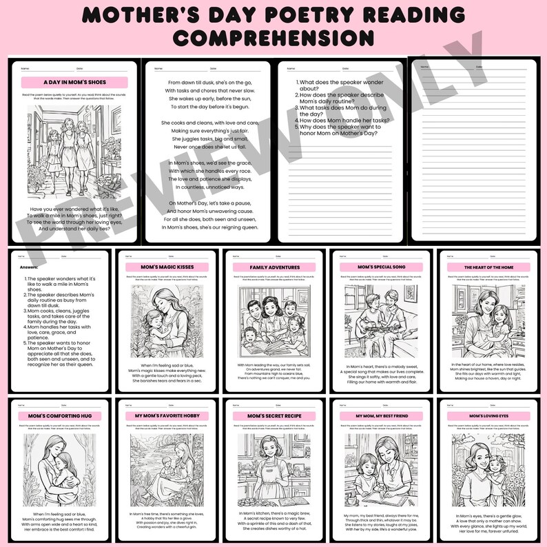 Mother's Day Printable, Mother's Day Poetry Reading Comprehension for ...