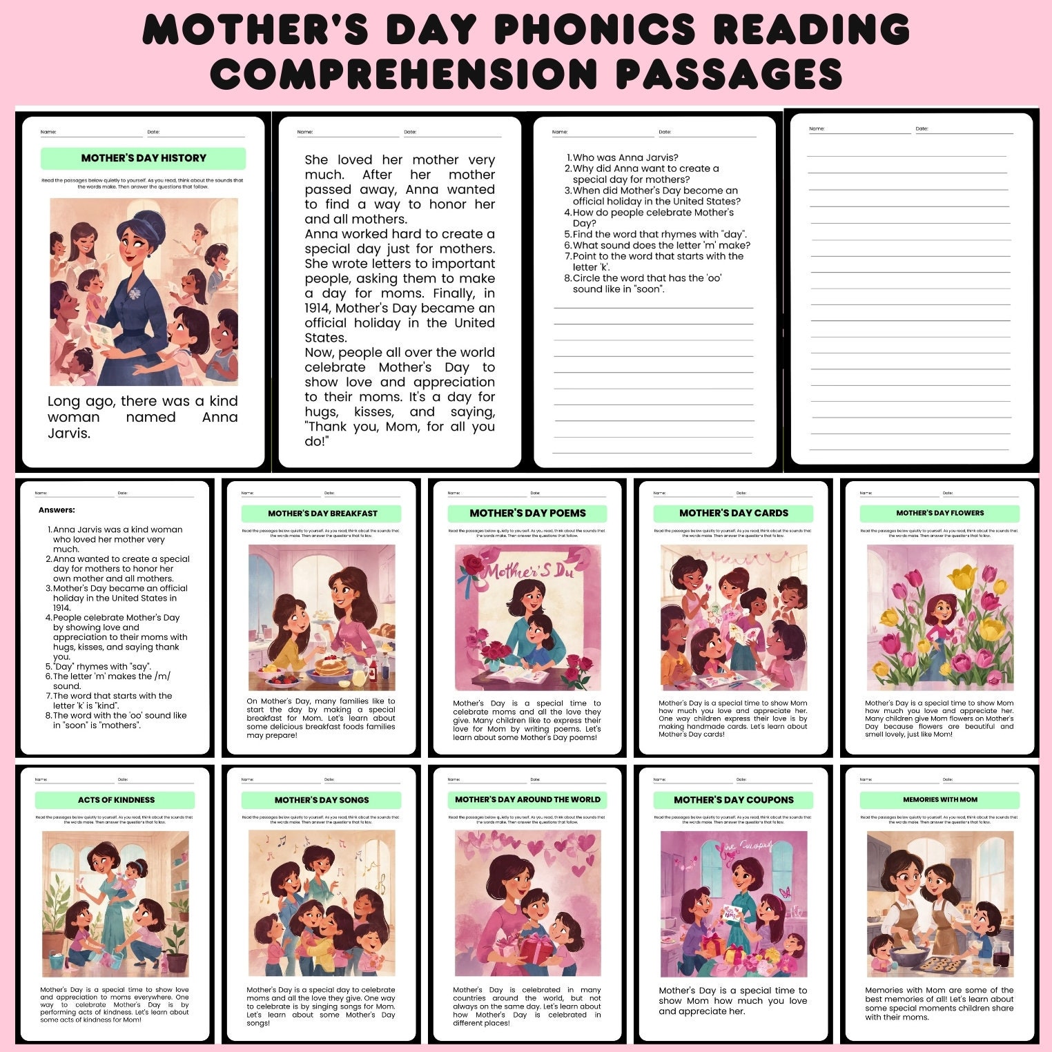Mother's Day Printable, Mother's Day Phonics Reading Comprehension for ...