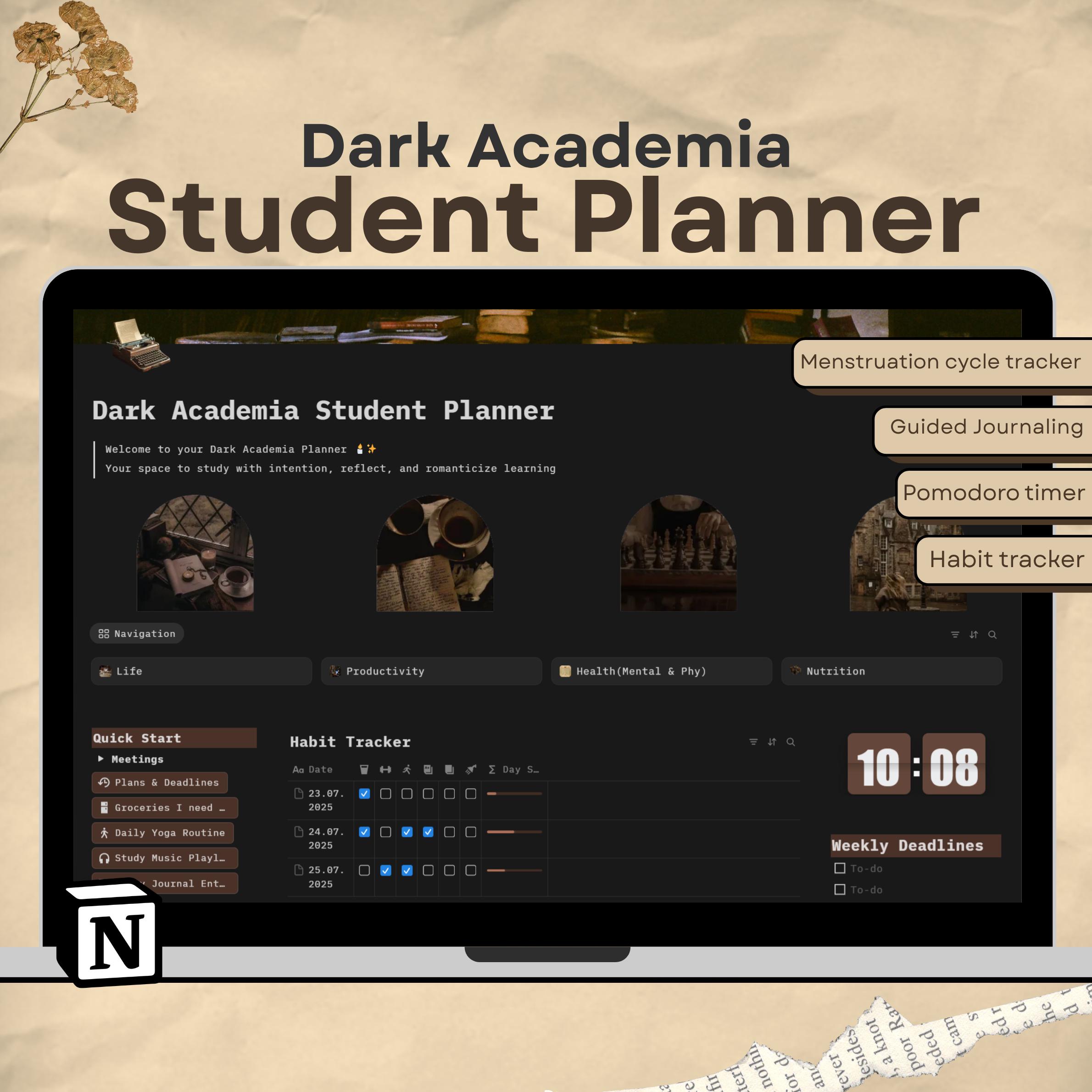 Dark Academia Notion Template: Student Planner & Study Organizer ...