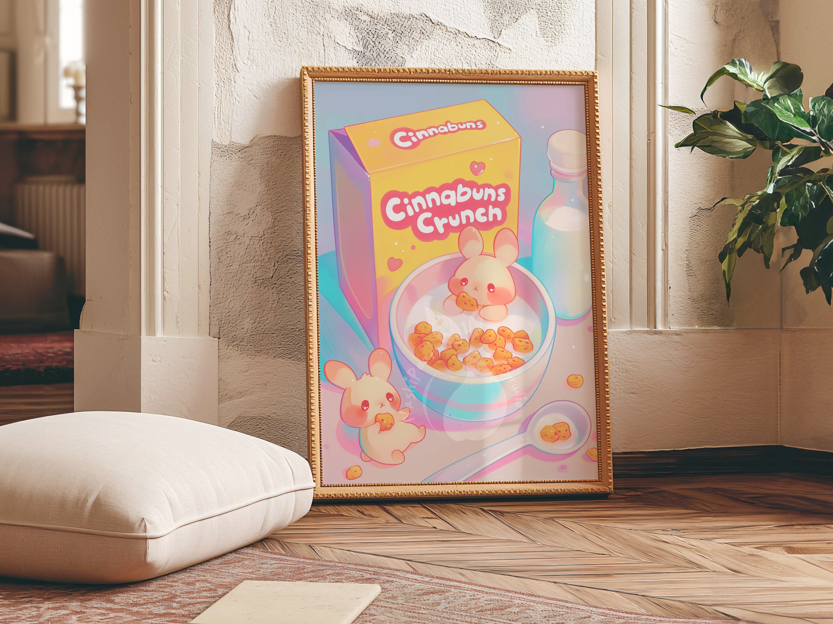 Kawaii Bunny in Cereal Poster for Room Decor | Colorful Cute Aesthetic ...