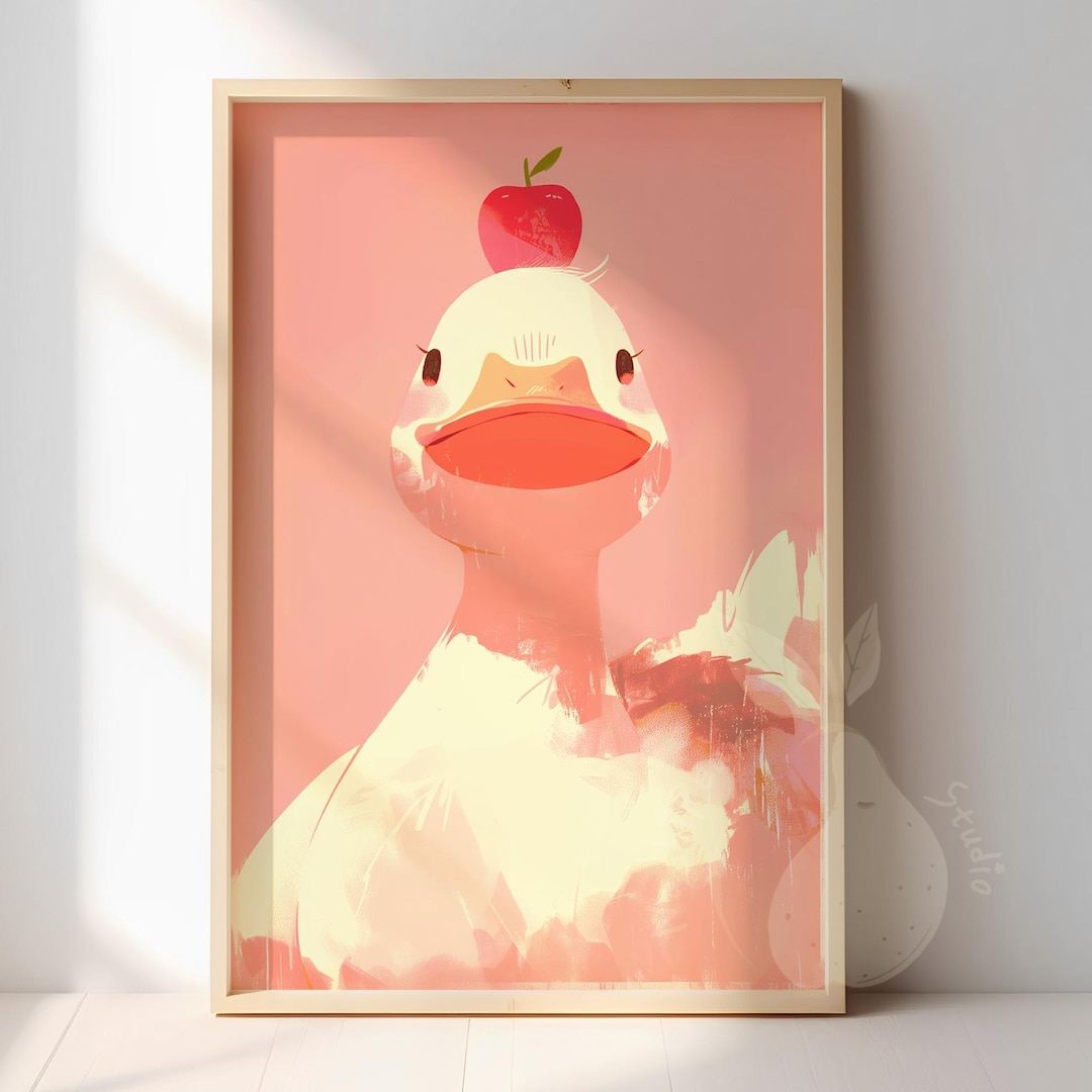 Silly Apple Duck | Cute Pink Animal Poster | Kawaii White Duck Bear ...