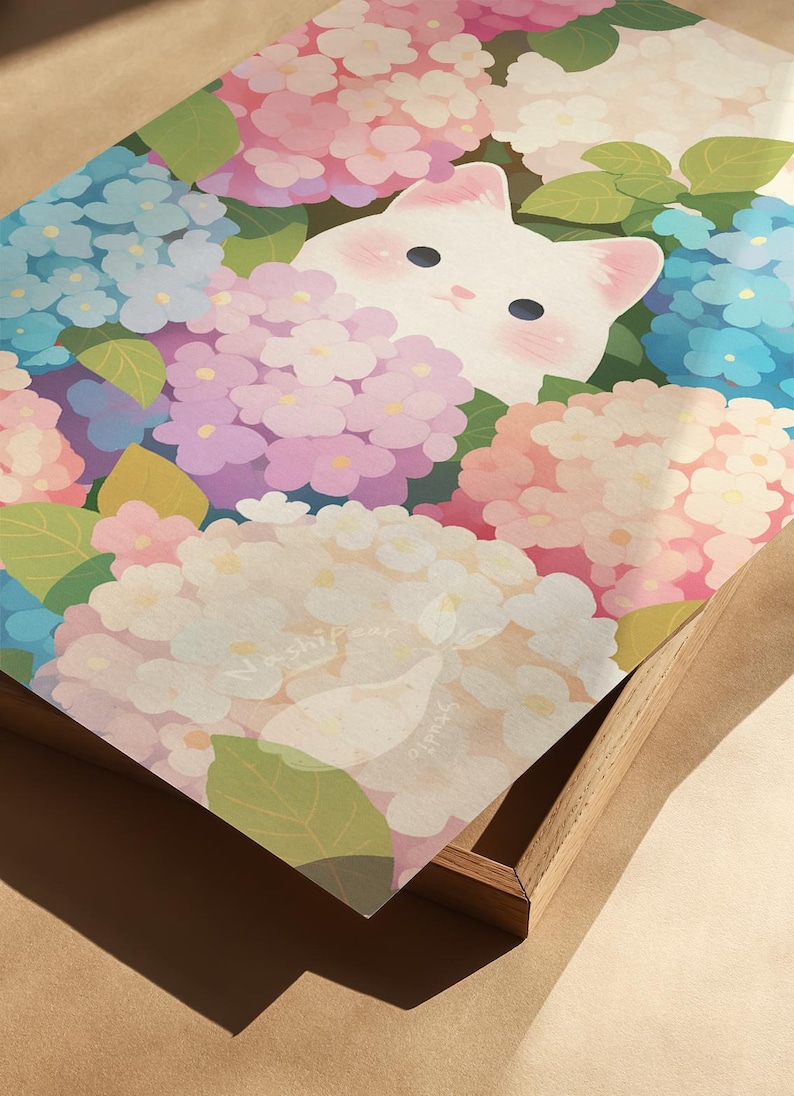 Pastel Hydrangea Cat | Kawaii Cartoon Floral Animal Posters | Cozy ...