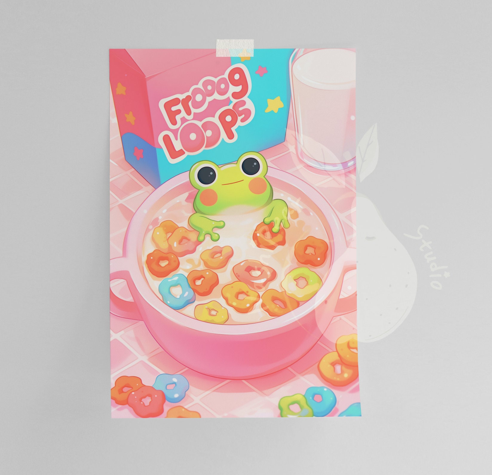 Kawaii Frog in Cereal Poster for Room Decor | Colorful Cute Aesthetic ...