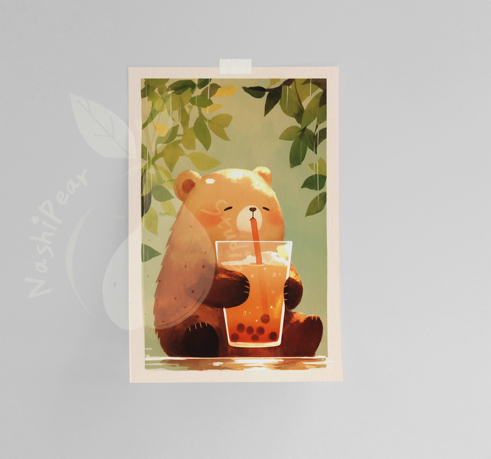 Brown Boba Bear | Cute Animal Bubble Tea Wall Art | Cozy Kawaii Bear ...