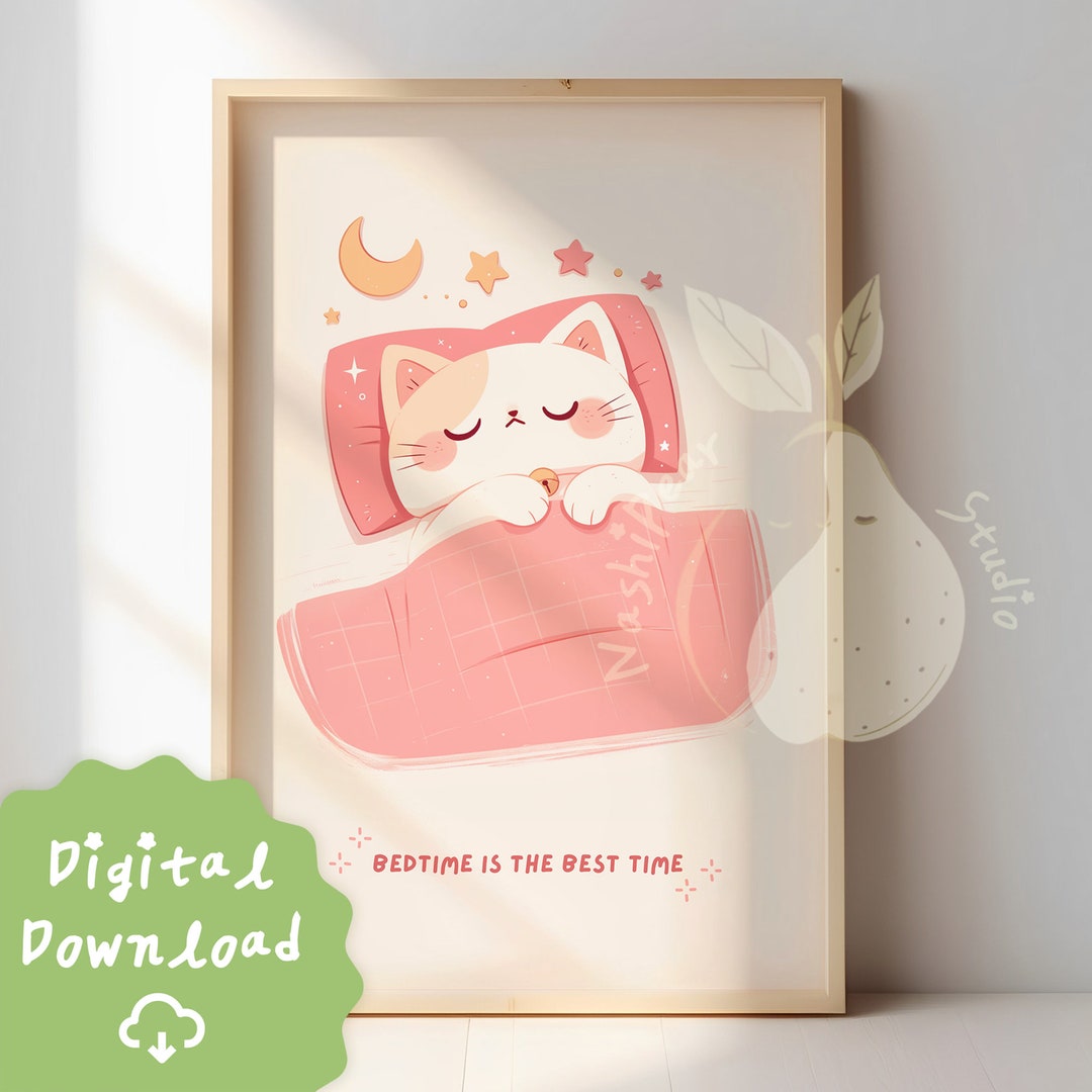 Kawaii Sleeping Bedtime Cat Digital Poster Print | Cute Pink Kitty ...